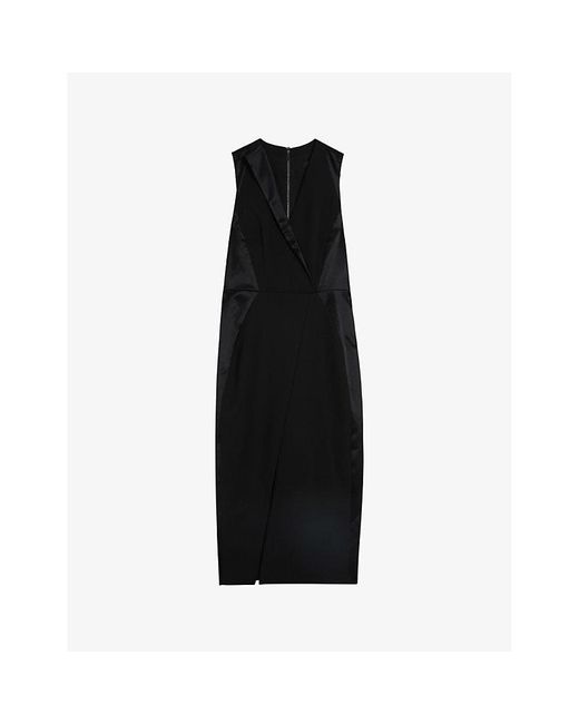 Ted Baker Wrap Front Satin Panel Woven Midi Dress In Black Lyst