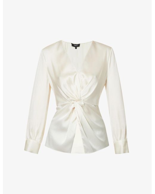 Theory Twist V Neck Satin Blouse In White Lyst