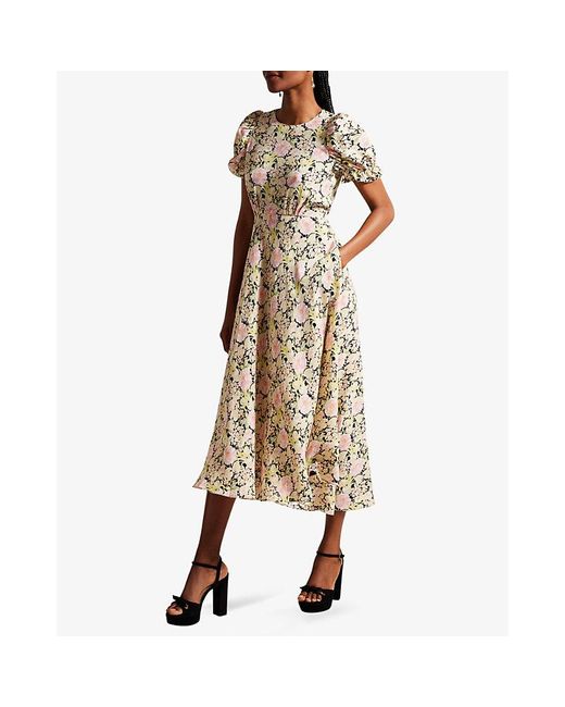 Ted Baker Altheea Puff Sleeve Woven Midi Dress In Natural Lyst