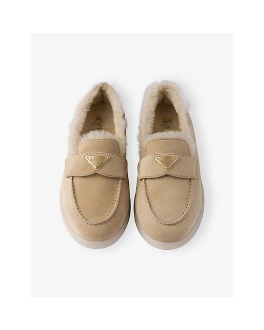 Prada Shearling Suede Loafers in Natural | Lyst UK