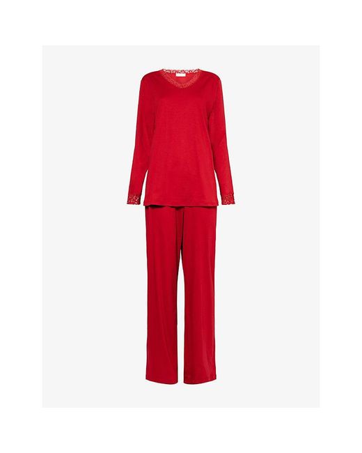 Hanro Moments Lace-Trimmed Cotton Pyjama Set in Red | Lyst UK