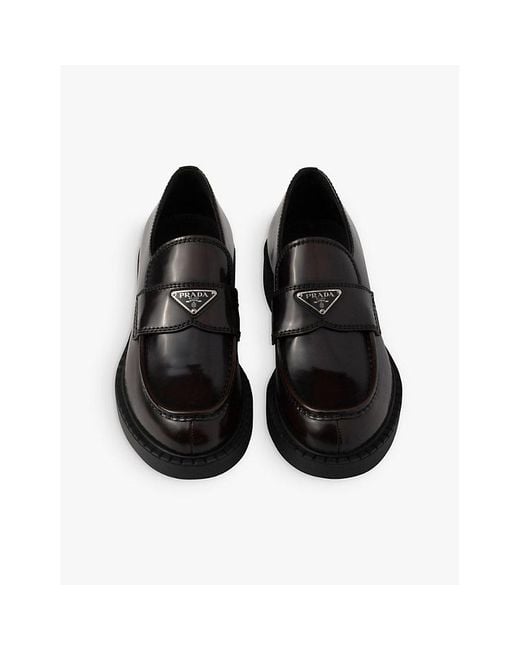 Prada Chocolate Logo-Plaque Brushed Leather Loafers in Black for Men | Lyst