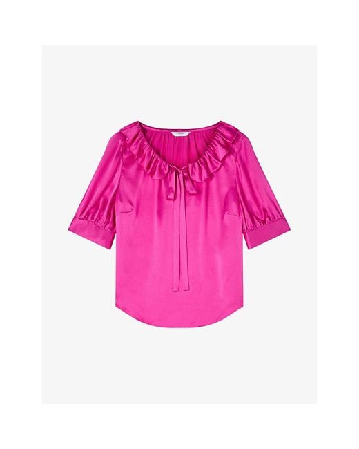 LK Bennett Pin-Bright Coco Frill-Neck Silk-Satin Blouse in Pink | Lyst