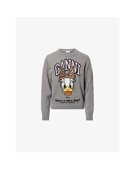 Ganni X Disney Daisy Duck Round-Neck Wool-Blend Jumper in White | Lyst UK