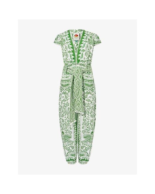FARM Rio River Ride Belted Linen-Blend Jumpsuit in Green | Lyst