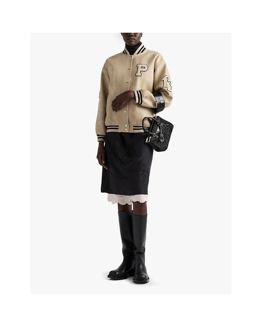 Prada Patch-Motif Relaxed-Fit Leather Bomber Jacket in Natural | Lyst