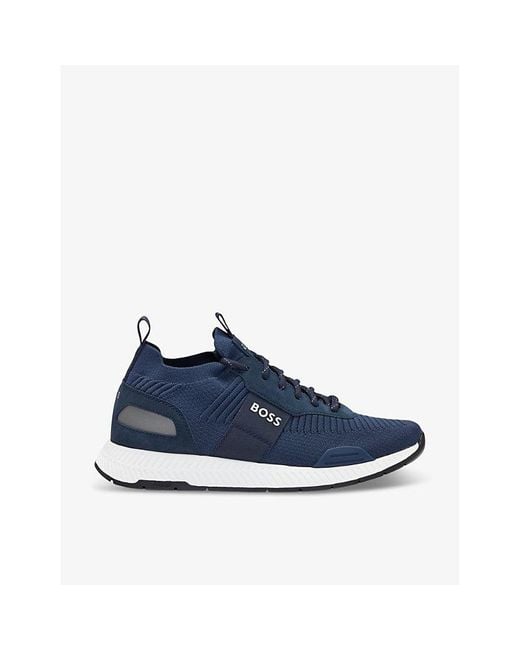 BOSS Logo-Emed Mesh And Suede Low-Top Trainers in Blue for Men | Lyst