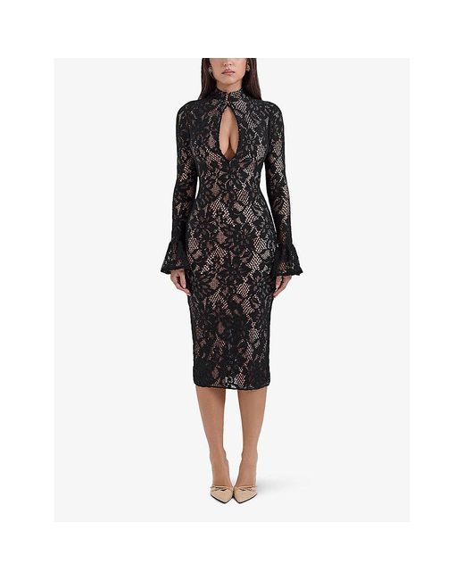 House Of Cb Pierette Keyhole-Neck Stretch-Lace Midi Dress in Black | Lyst