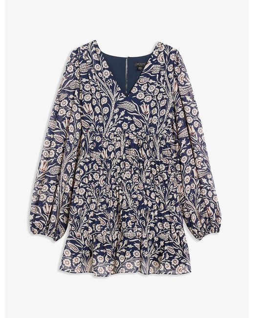 Ted Baker Synthetic Tarissa Floral Print Tiered Crepe Mini Dress In Dk