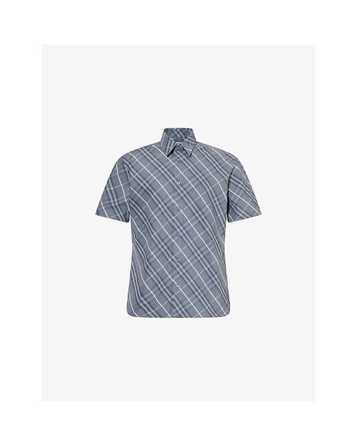 Burberry Check-Pattern Short-Sleeve Cotton Shirt in Blue for Men | Lyst