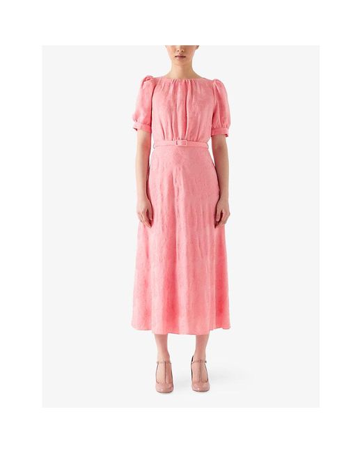LK Bennett Pearl Puff-Sleeve Jacquard Woven Midi Dress in Pink | Lyst UK