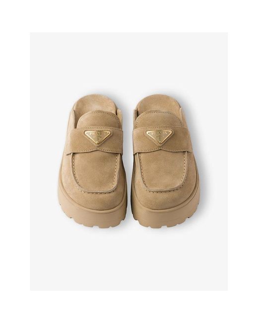 Prada Triangle-Logo Suede Flatform Mules in Natural | Lyst