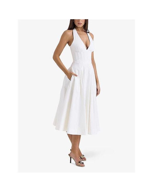 House Of Cb Allena Corset-Bodice Stretch-Cotton Midi Dress in White | Lyst