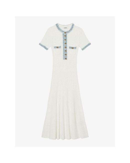 Sandro Denim-trim Knitted Maxi Dress in White | Lyst