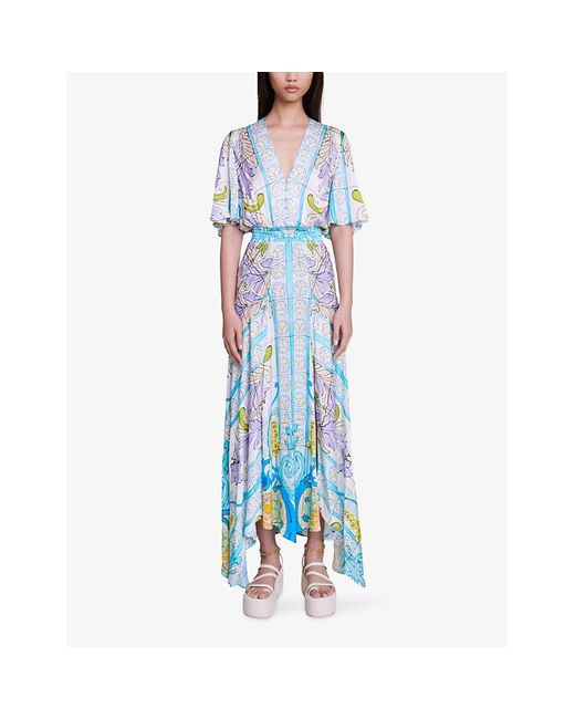 Maje Mozaic-patterned Asymmetric Satin Maxi Dress in Blue | Lyst