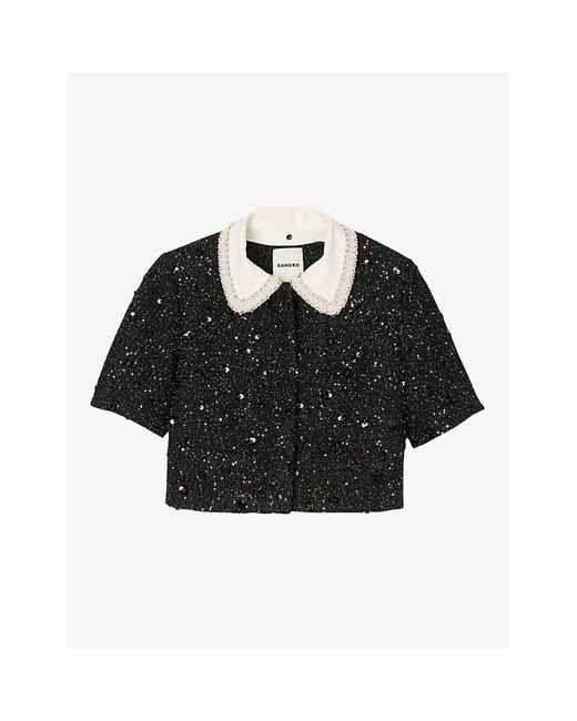 Sandro Cropped Rhinestone-Embellished Tweed Jacket in Black | Lyst