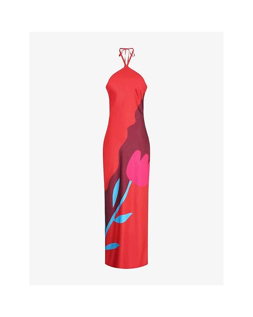 OMNES Andy Halterneck Satin Maxi Dress in Red | Lyst