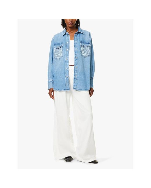FRAME Atelier Pearl-Embellished Oversized Denim Jacket in Blue | Lyst