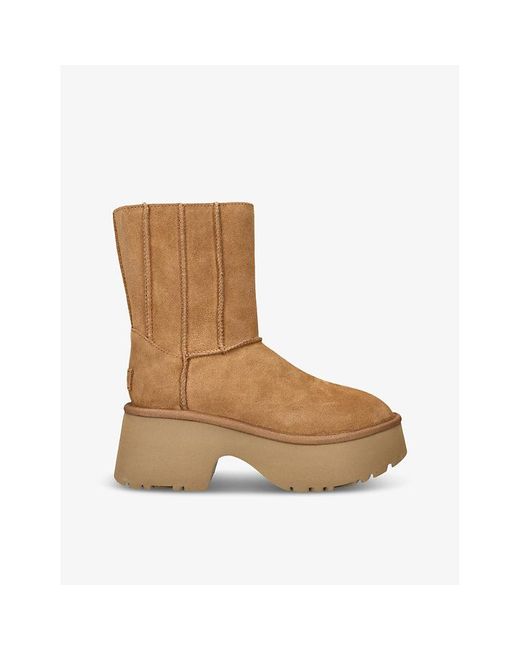 UGG Classic New Heights Suede And Shearling Heeled Ankle Boots in Brown ...