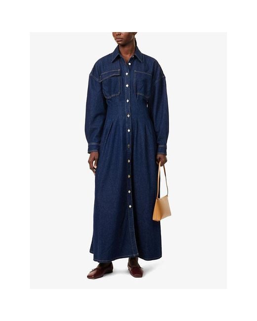 FRAME The Nipped Long-Sleeve Denim Maxi Dress in Blue | Lyst