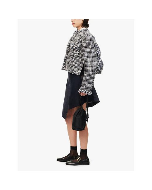 Sacai Collarless Down-fill Wool-blend Tweed Jacket X in Gray | Lyst