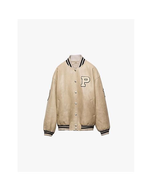 Prada Patch-Motif Relaxed-Fit Leather Bomber Jacket in Natural | Lyst