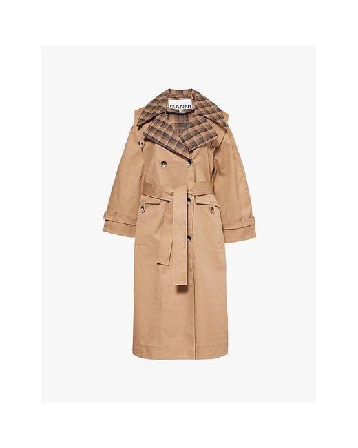 Ganni Check-Print Oversized Cotton Trench Coat in Natural | Lyst UK