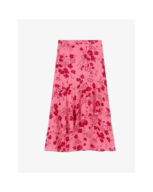 LK Bennett Rhoda Floral-Print Tiered Midi Skirt in Pink | Lyst