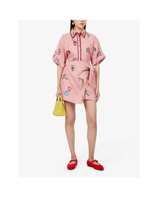 ALÉMAIS Timmy Graphic-Embroidery Linen Mini Skirt in Pink | Lyst