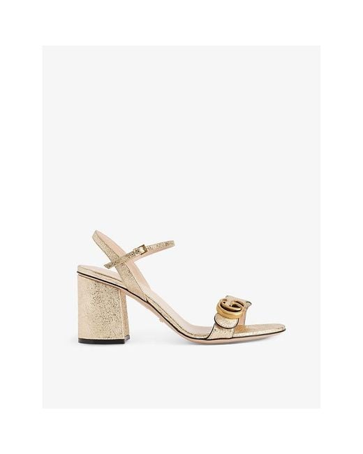 Gucci Marmont Metallic-leather Heeled Sandals in Natural | Lyst