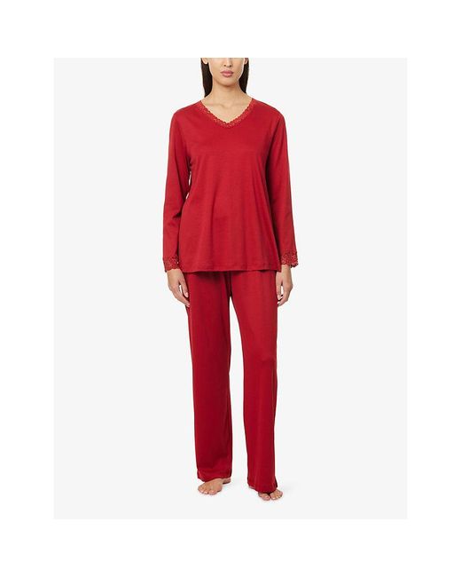 Hanro Moments Lace-Trimmed Cotton Pyjama Set in Red | Lyst UK