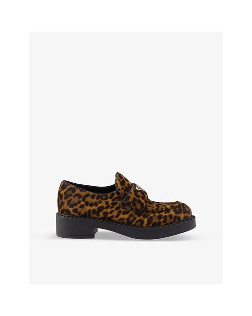 Prada Chocolate Leopard-Print Brushed Leather Loafers in Brown | Lyst
