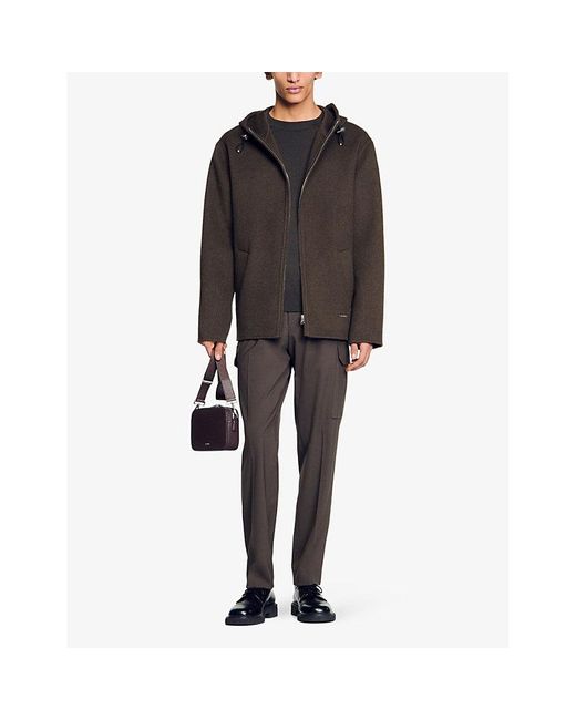 Sandro Toggle-Hood Regular-Fit Wool-Blend Jacket in Brown for Men | Lyst