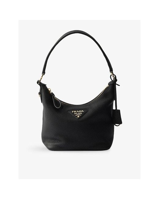 Prada Logo-Embroidered Mini Leather Shoulder Bag in Black | Lyst UK