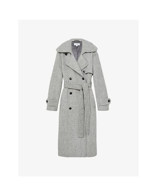 Reiss Alba Check-Pattern Wool-Blend Trench Coat in Gray | Lyst
