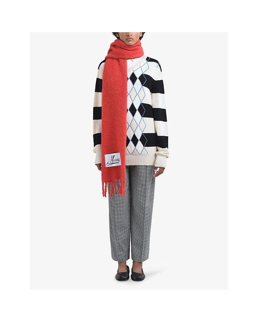 Marni Branded-Patch Fringed-Trim Wool-Blend Scarf in Red | Lyst UK