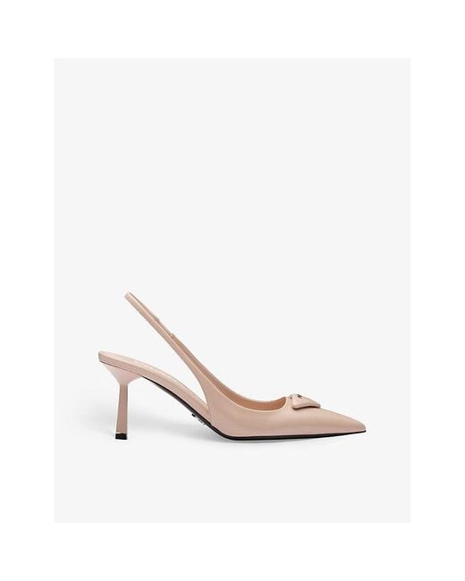 Prada Logo-Plaque Slingback Heeled Leather Pumps in White | Lyst