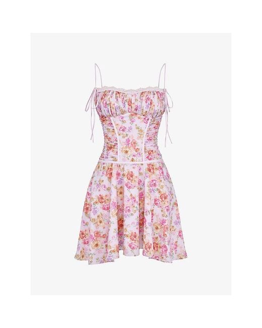 House Of Cb Alejandra Floral-Print Lace-Trim Woven Mini Dress in Pink ...