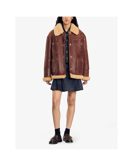 Sandro Shearling-Trim Patch-Pocket Sheepskin Jacket in Brown | Lyst