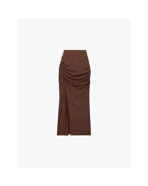 Reiss Lisa Slim-Fit High-Rise Ruched Stretch-Woven Midi Skirt in Brown ...