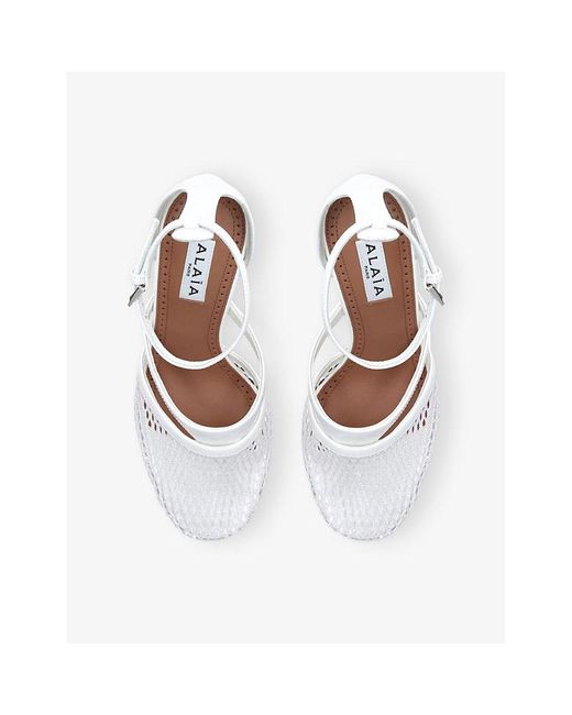 Alaïa Infradito 90 Fishnet Heeled Leather Sandals in White | Lyst