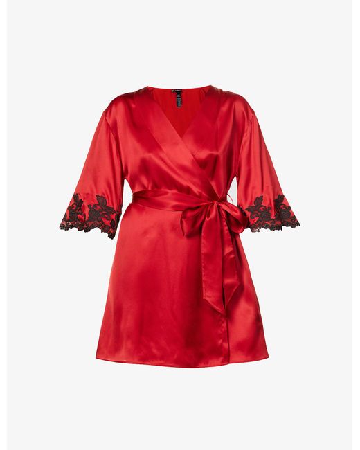 La Perla Maison Wrap Over Silk Satin Robe In Red Black Red Lyst