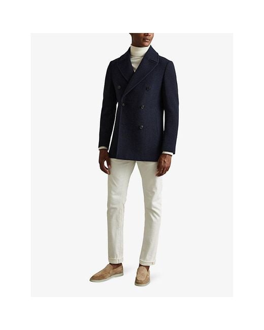 Reiss Herringbone Bergamo Double-Breasted Wool-Blend Jacket in Blue for ...