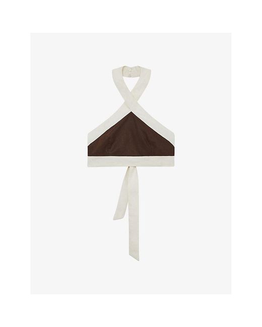 Reiss Rebecca Halter-Neck Colour-Block Cropped Linen Top in Brown | Lyst