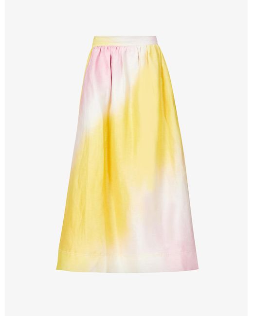 Aje Cloud Tie dye Linen blend Midi Skirt In Tie Dye Pink Yellow aje-cloud-tie-dye-linen-blend-midi-skirt-in-tie-dye-pink-yellow