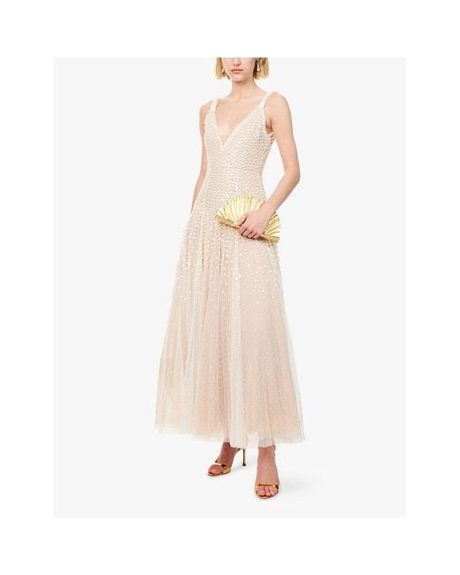Needle & Thread Sequin Cascade Plunge-Neckline Woven Gown in Natural ...
