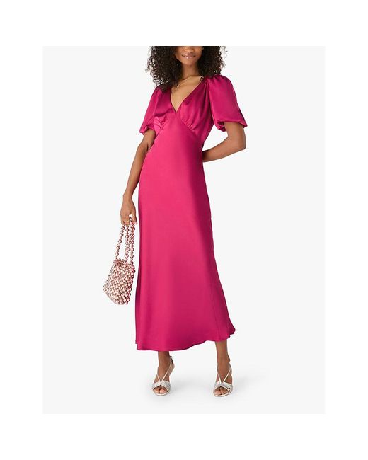 OMNES Rosie Puff-Sleeve Recycled-Polyester Satin Maxi Dress in Pink | Lyst