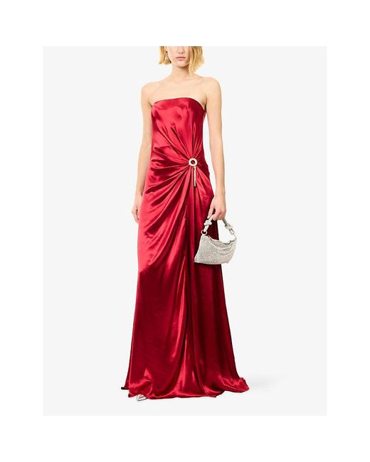 Genny Draped Brooch-Embellished Satin Maxi Dress in Red | Lyst