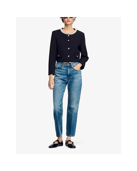 Sandro Bead-Embellished Cropped Stretch-Woven Jacket in Black | Lyst