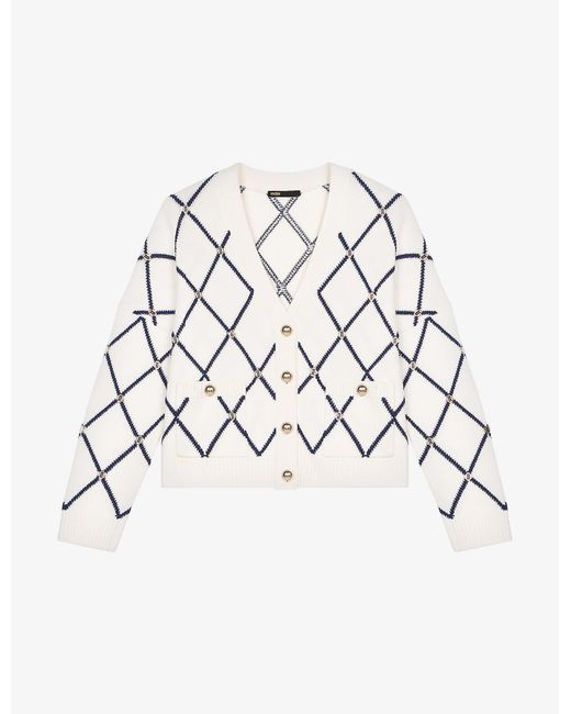 Maje Synthetic Moove Diamond Pattern Logo Embellished Knitted Cardigan In White Lyst